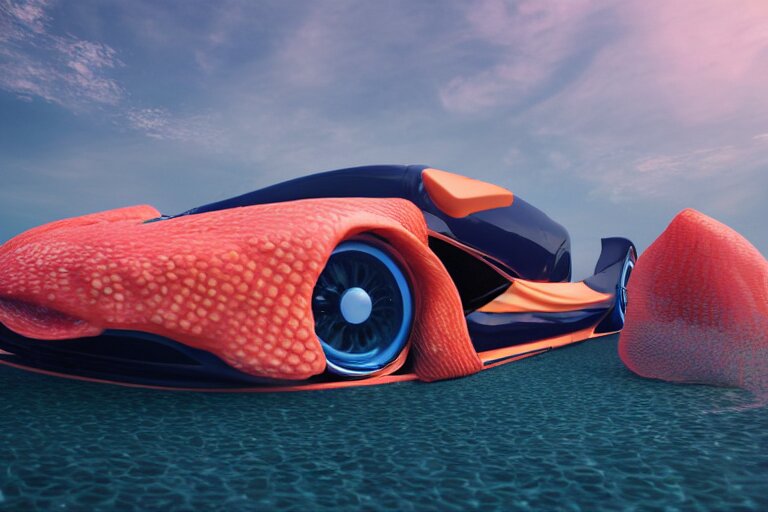 car made of fish, half car half fish, car with fins and gills, u ...