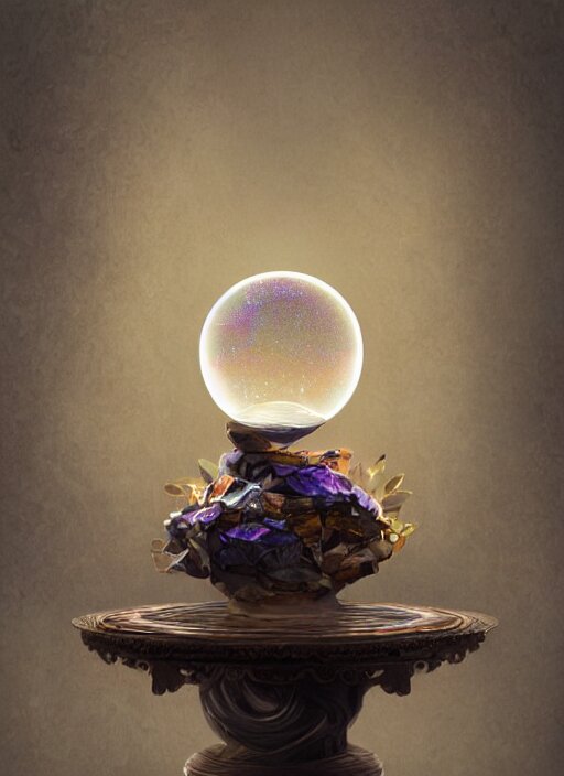 crystal ball on a wood stand with a beautiful dreamscape inside ...