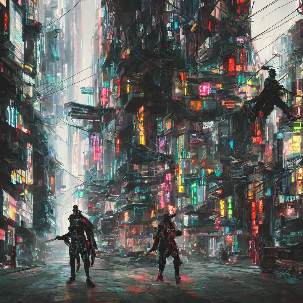 Lexica - Slow shutter speed photo of a cyberpunk samurai with neon ...