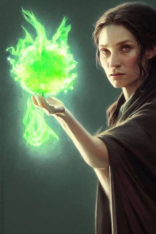 a female wizard casting a green fireball | | pencil sketch, real ...