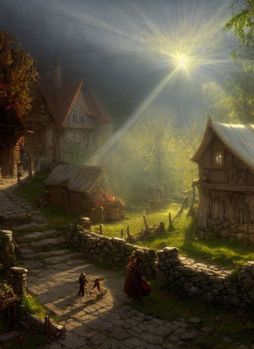 Lexica - Small poor medieval village, mist, sunrays, dust in the air ...