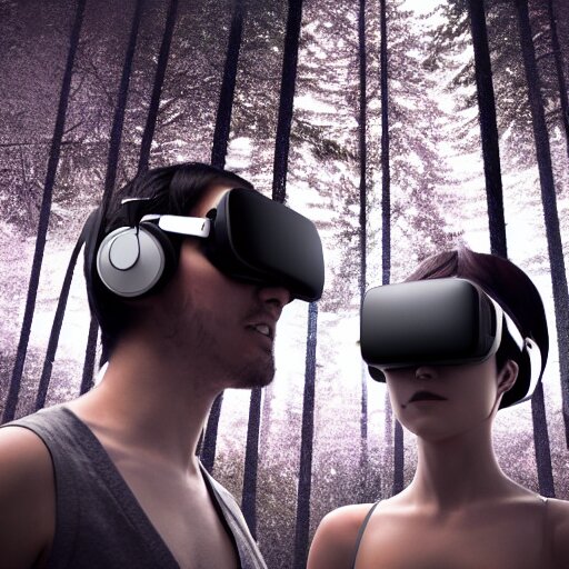 Lexica - Duo playing music using futuristic VR headset instruments in a forest, in the style of ...