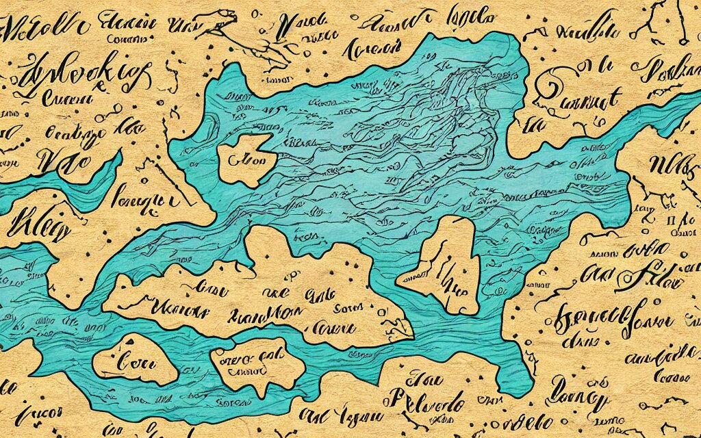 Lexica - Medieval map mountain ranges, rivers, lakes, cursive lettering ...