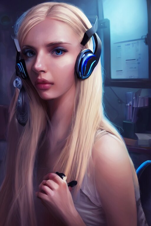 Lexica - Gorgeous gamer girl with blonde hair and dark eyes playing on ...