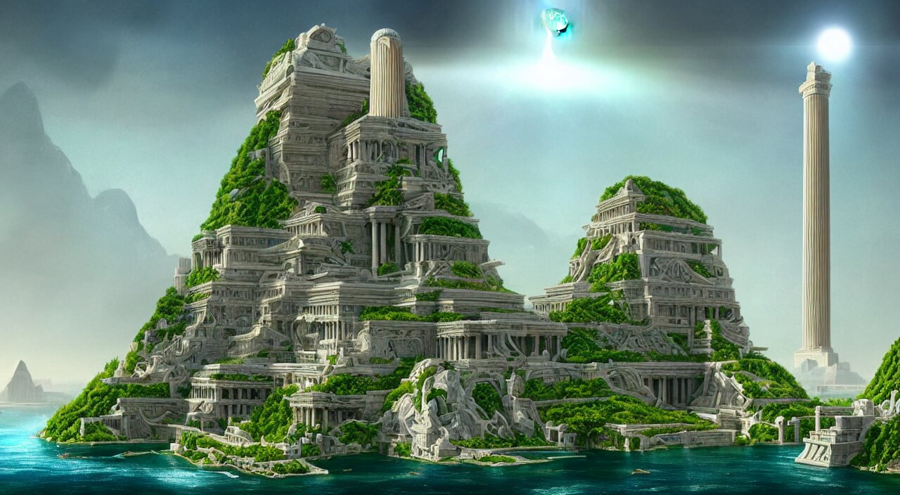 a matte painting futurist of a green water city of Atlantis gre ...