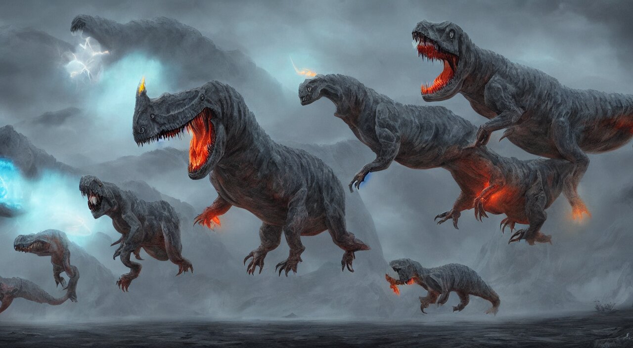 Lexica - Colorful ghost dinosaurs, glowing with magic, trapped in slate ...
