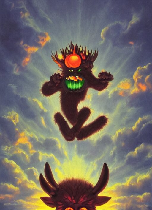 Lexica - Cute demon fruit furry monster, dynamic pose, in clouds ...