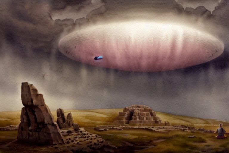 Lexica - A hyperrealist watercolor concept art of a giant ufo in the ...