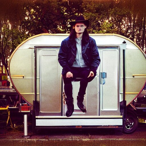 Lexica - A man sitting on a stool in front of a trailer, an album cover ...