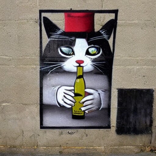 Lexica - Street art of an alcoholic cat who drink wine, by banksy