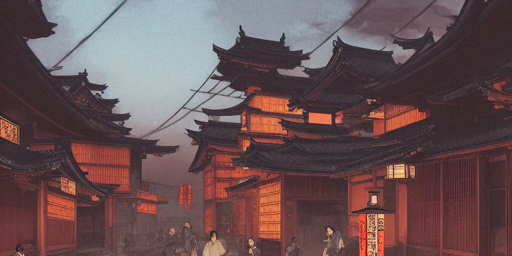 Lexica - Feudal japan tokyo street at dusk, on a postcard ...