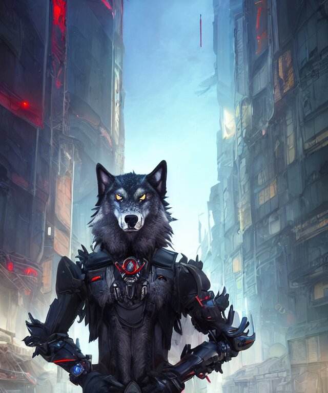 Lexica - Portrait of a male anthropomorphic dark gray wolf, long red ...