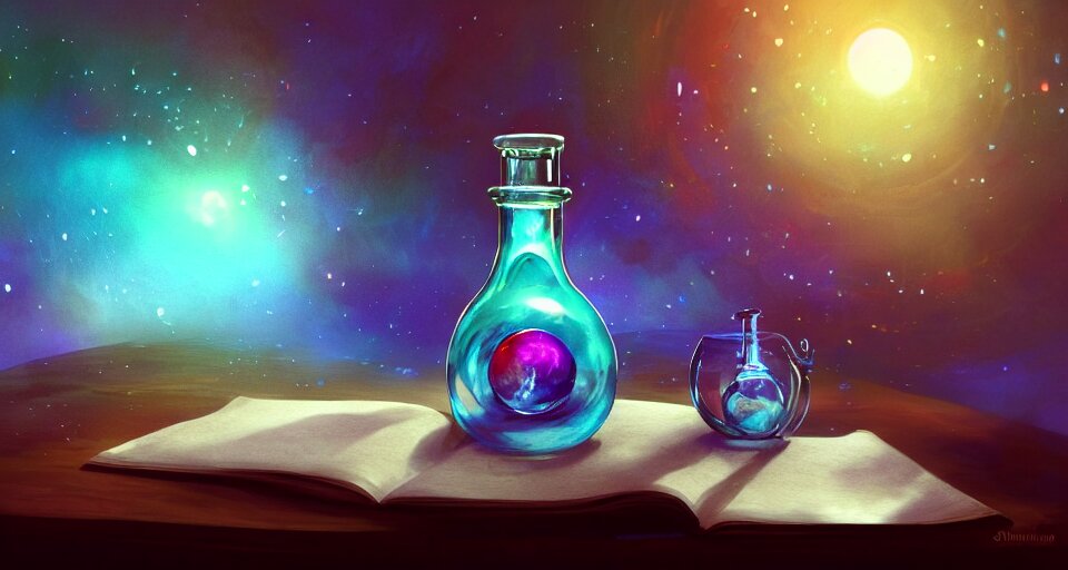 Lexica - Arcane style, one single colorful potion in a round bottle ...