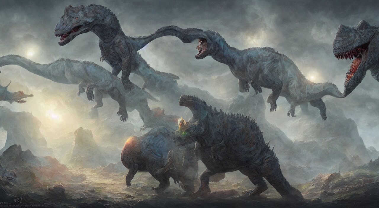 Lexica - Colorful ghost dinosaurs, glowing with magic, trapped in slate ...