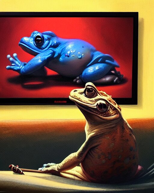 hyper realistic oil painting of toad watching a tv movie on the ...