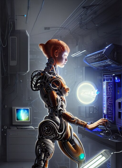 cyborg recharging in a computer lab connect to cables, diffuse l... - Arthub.ai