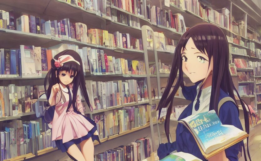 Lexica - One single high school anime girl shopping on a book store. by ...