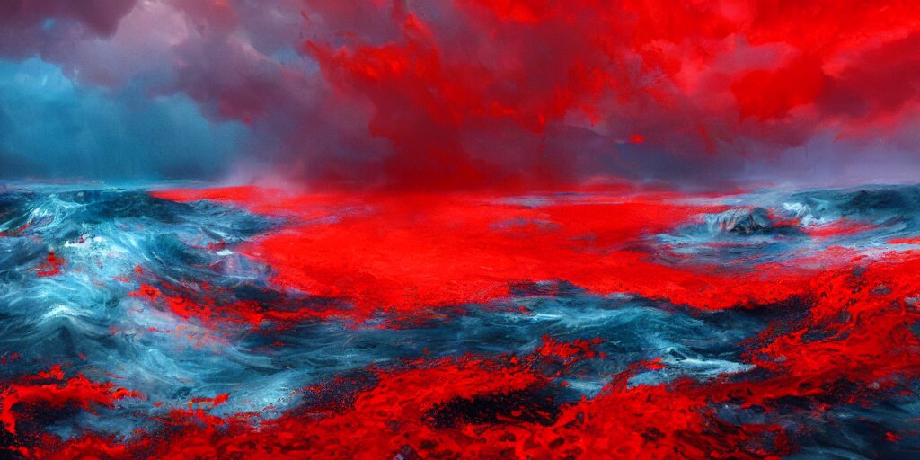 Lexica - A boiling and flaming red sea, illustration, raining, dark and ...