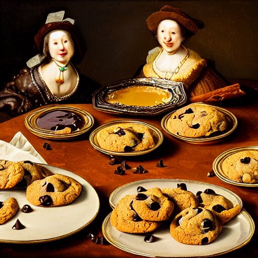 opulent banquet of plates of freshly baked chocolate chip cookie ...