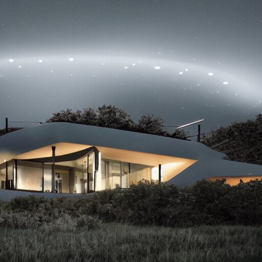 exterior view of modern futuristic haunted house architecture, o ...