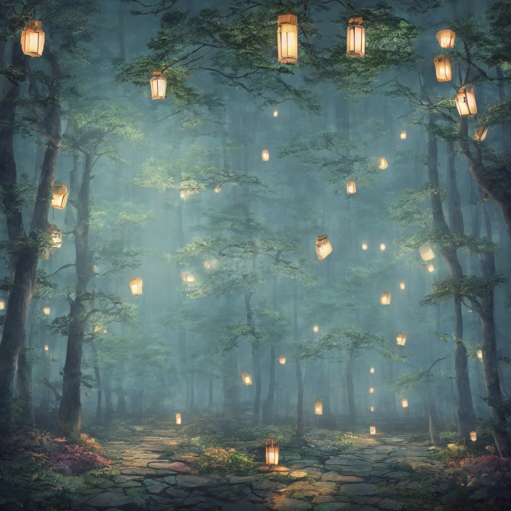 Lexica - Japanese forest at night, lanterns, highly detailed, dreamlike ...