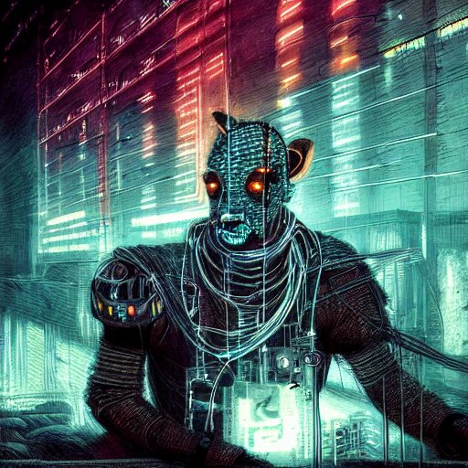 cyberpunk dystopian cyborg hyena, wires and glowing lights, beks ...
