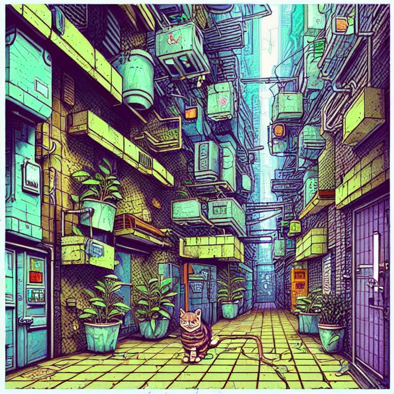 Lexica - An absurdly-detailed cyberpunk alleyway colored-pen drawing as ...