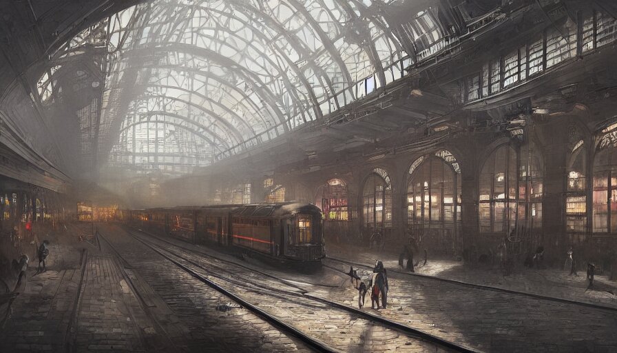Lexica - Railway station in a Dieselpunk city, steam, large stained ...