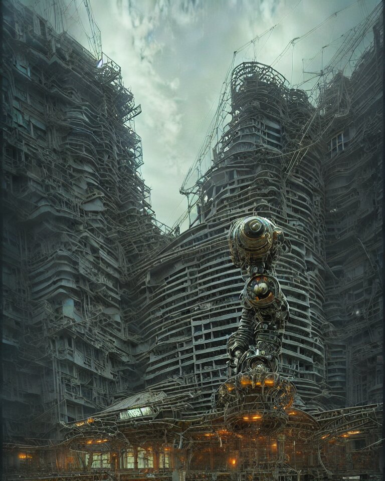 Lexica - Low angle shot of a cyberpunk robot building in chernobyl ...