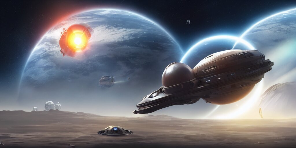 Lexica - Wide shot of a spheric round ball shaped sci fi space ship ...