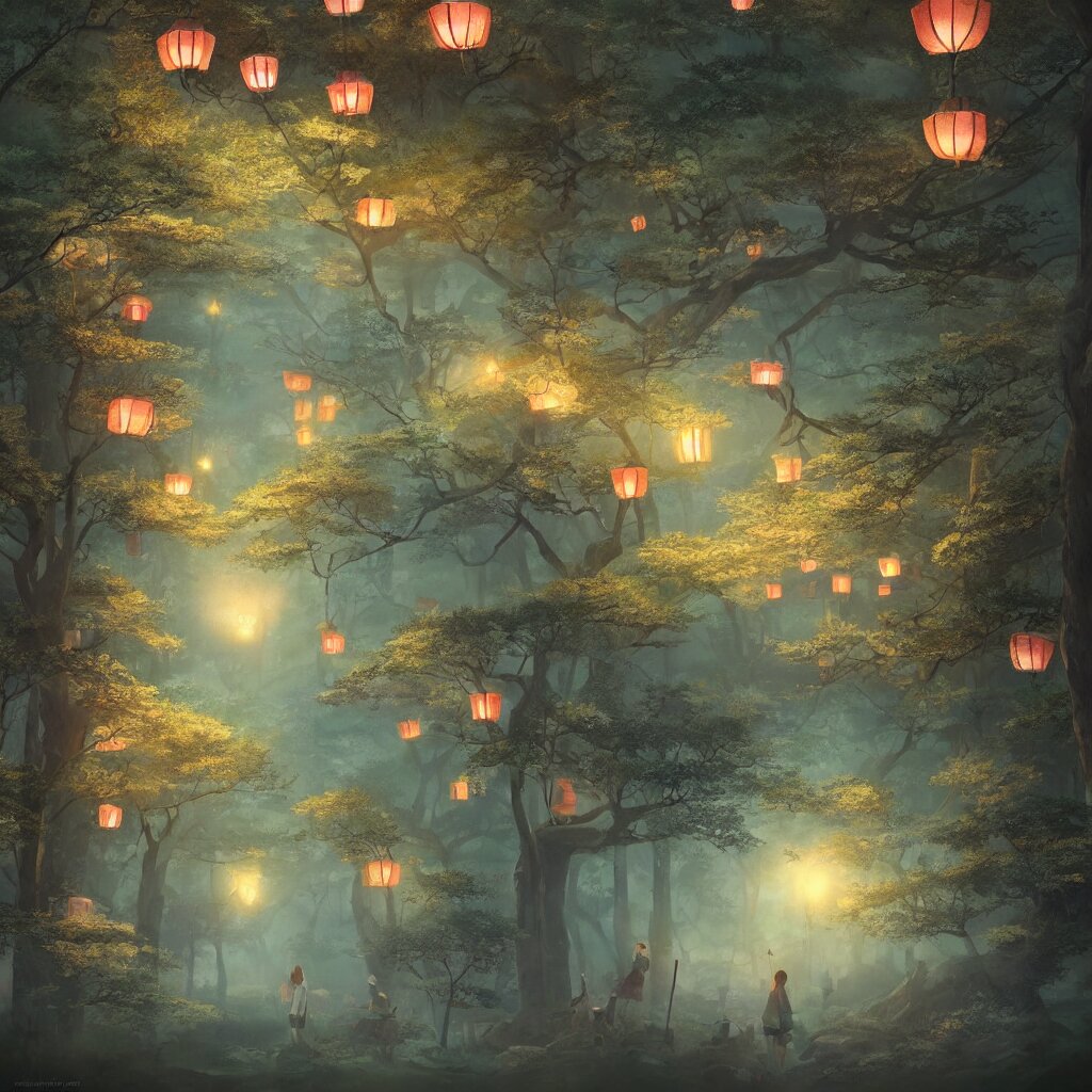 Lexica - Japanese forest at night, lanterns, highly detailed, dreamlike ...