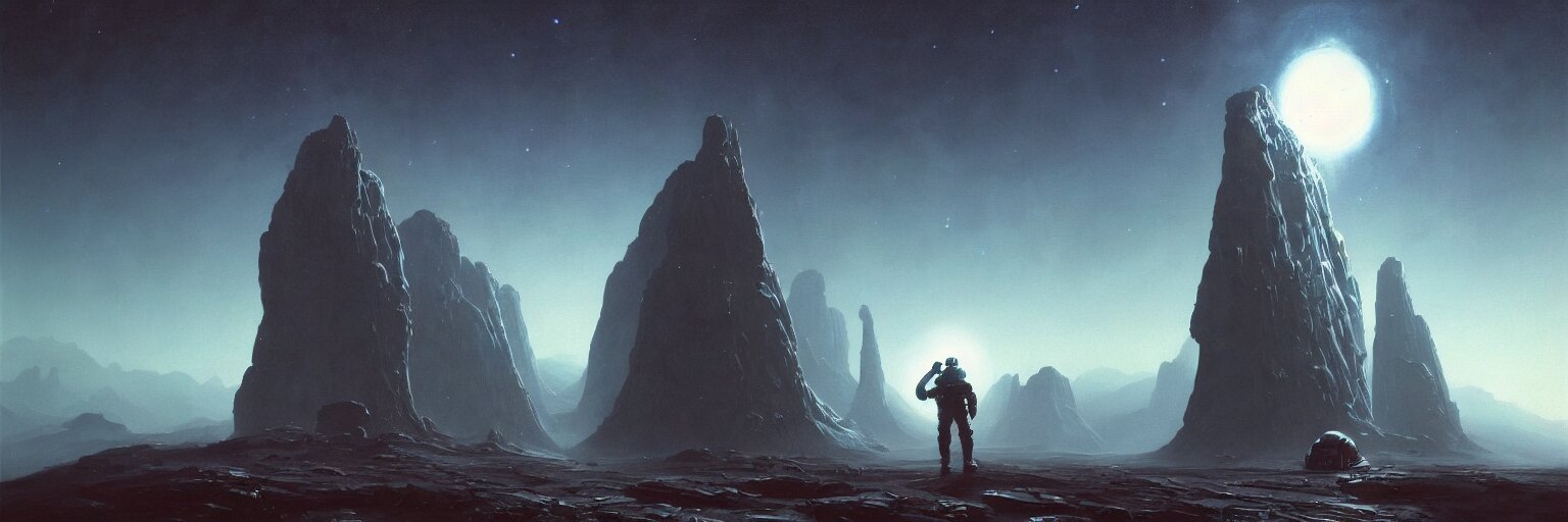 Lexica - A sci-fi cosmonaut standing in front of an epic colossal shiny ...