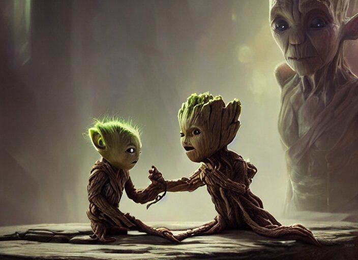 Lexica - A dramatic highly detailed render of baby groot and baby yoda ...
