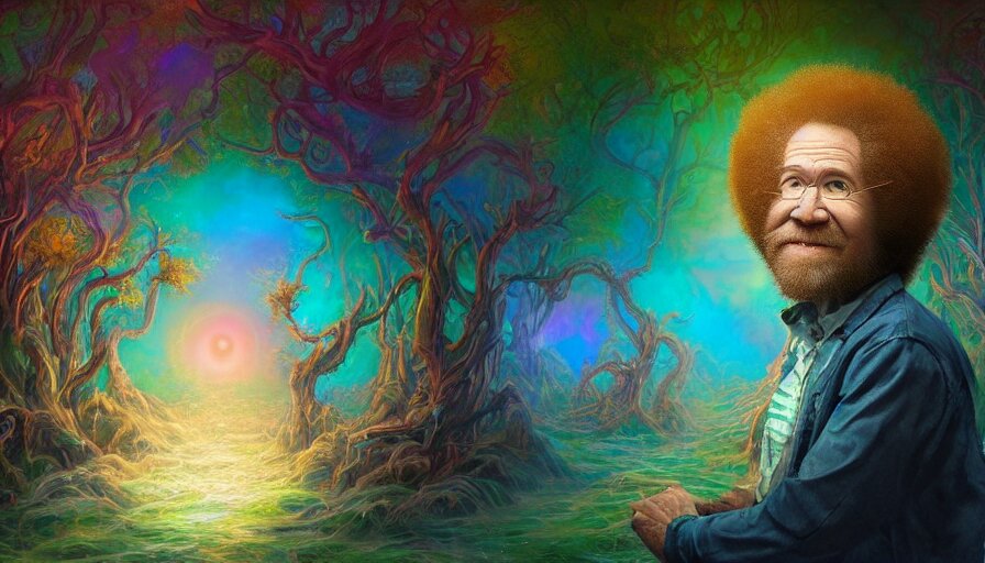 bob ross on a psychedelic trip with an open mouth and glowing ey ...