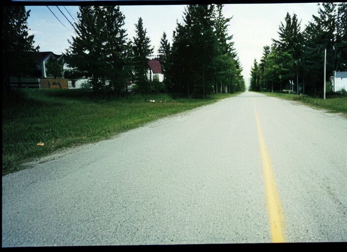 Lexica - A disposable camera picture of an empty street in a small ...