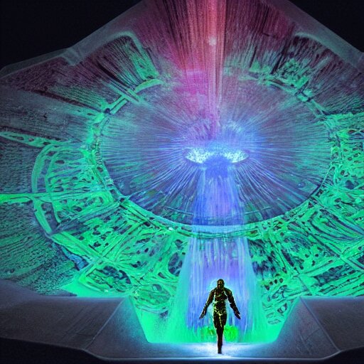 A space wizard stand in front of giant, glowing crystal sits in ...
