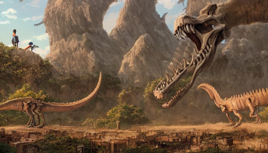 Lexica - A highly detailed matte painting of the huge dinosaur skeleton ...