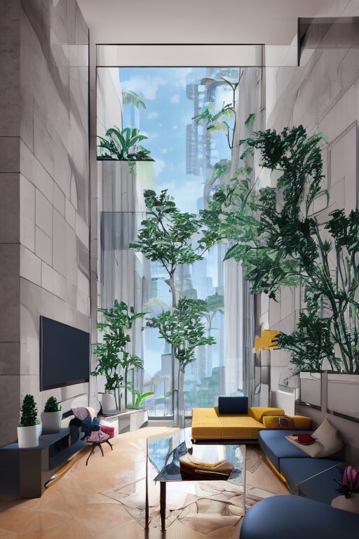 isometric interior of luxury condominium with minimalist furnitu ...