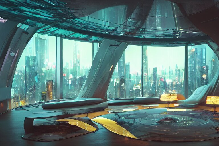 Lexica - A futuristic bedroom with large curved ceiling high windows ...