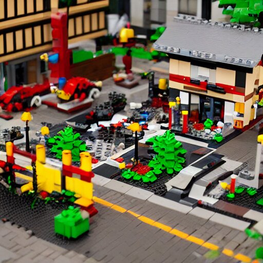 a miniature japanese lego village destroyed by a nuclear bomb, p ...
