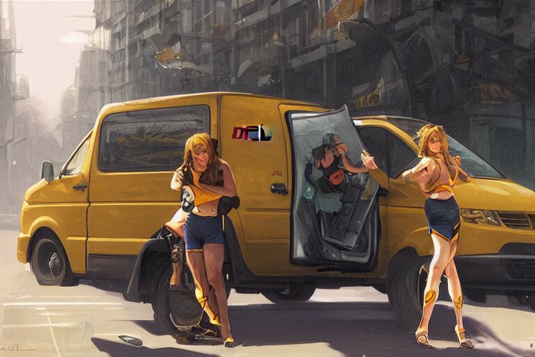 Lexica - Portrait of dhl courier wrestling with a girl in dhl van ...
