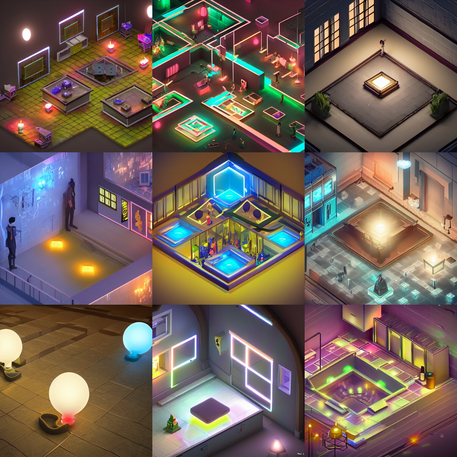 Lexica - Isometric game art museum escape room indoor, lights with ...