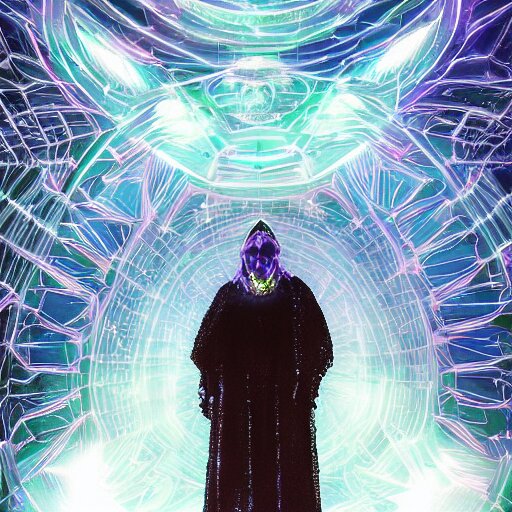 A space wizard stand in front of giant, glowing crystal sits in ...