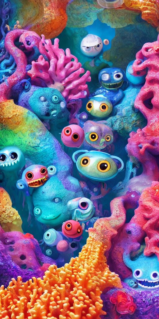 Lexica - Of a colorful under water cave with strange cute friendly ...