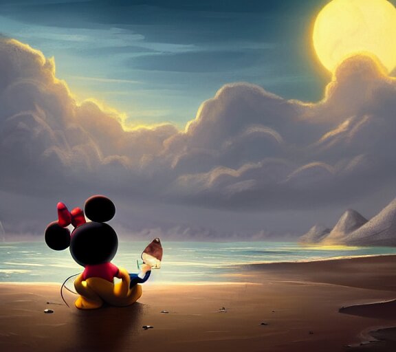 Lexica - Mickey Mouse sitting on a terrifying beach ,Scary sea monsters ...
