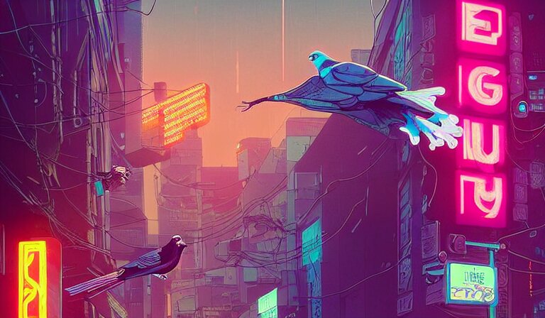 Lexica - Cyborg feeding electric pigeons in front of a neon church ...