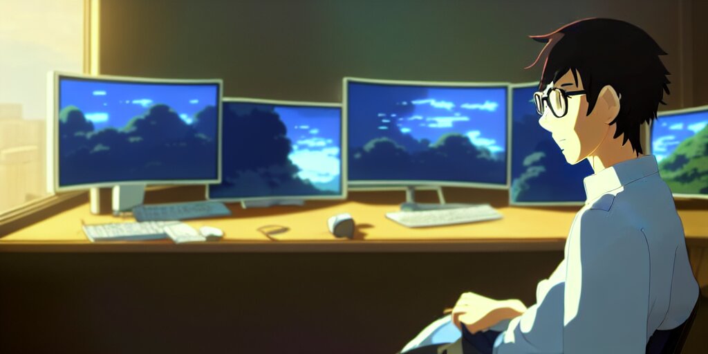 Lexica - A nerdy boy is programming at a computer in a room full of ...