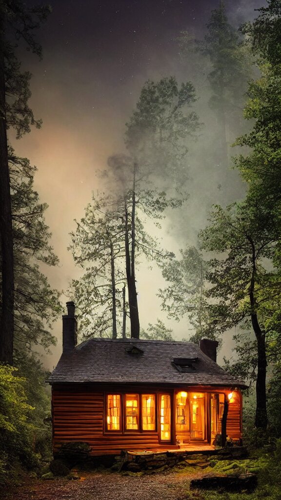 Lexica - Small wooden cottage in the forest at night, smoke coming out ...