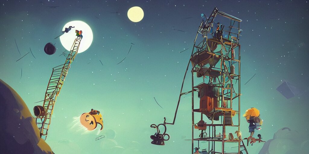 Lexica - Cute cartoon monsters and zebras climbing ladders to the moon ...