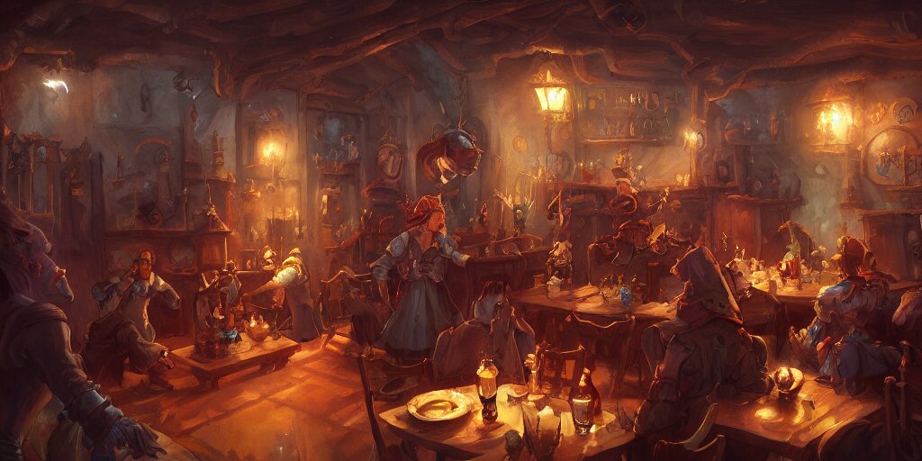 Lexica - Tavern scene, cinematic, Victorian, by Tony Sart and Anato ...